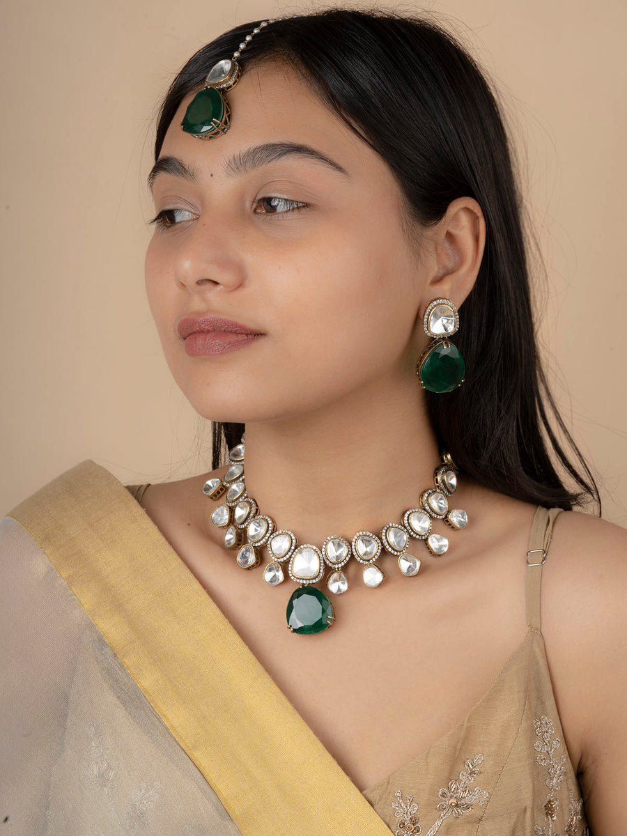 PK-S37 - Green Color Gold Plated Faux Polki Necklace Set – Mortantra
