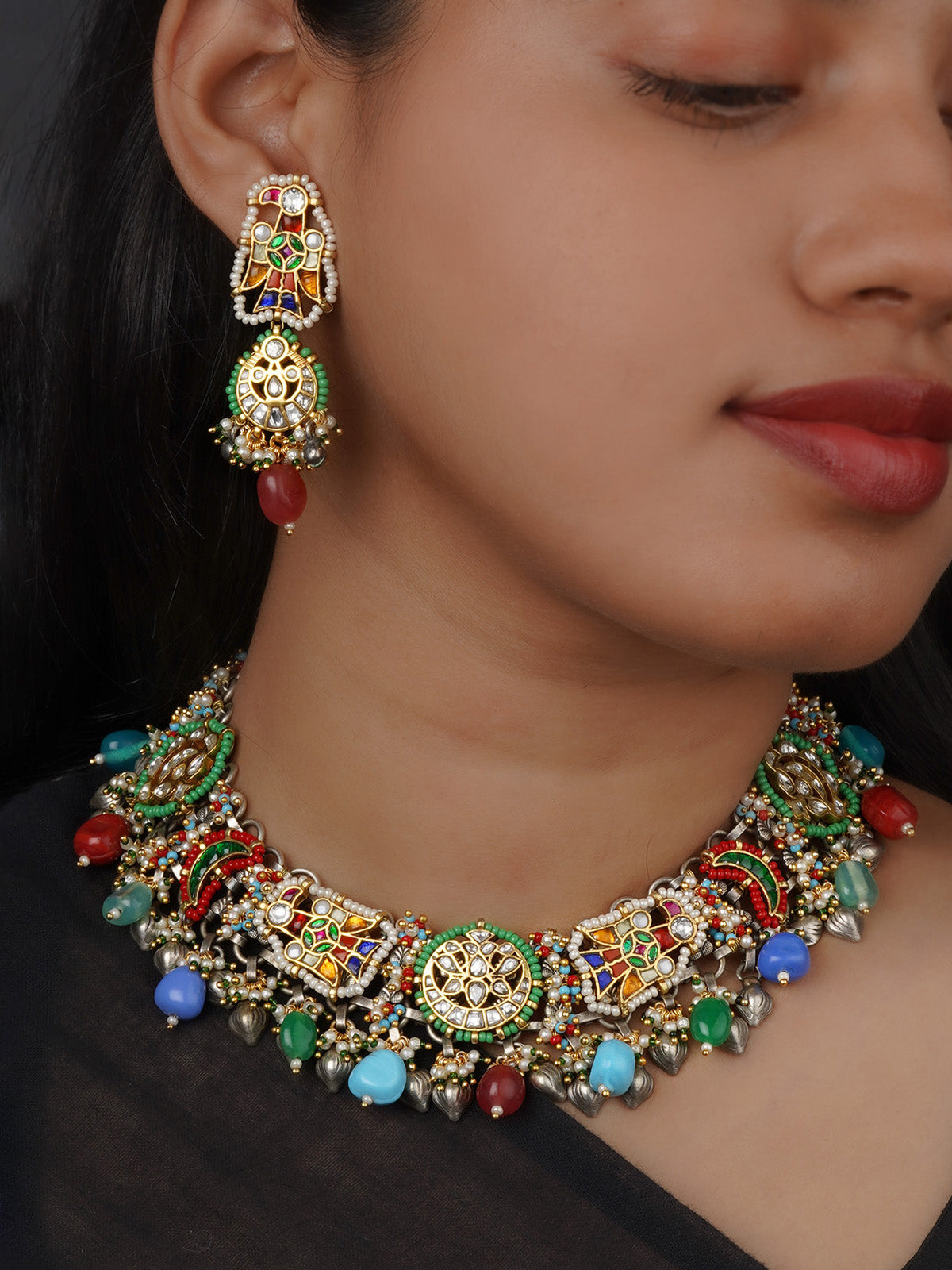 Navratna Tribal Necklace Set - EK-SFSET414N – Mortantra