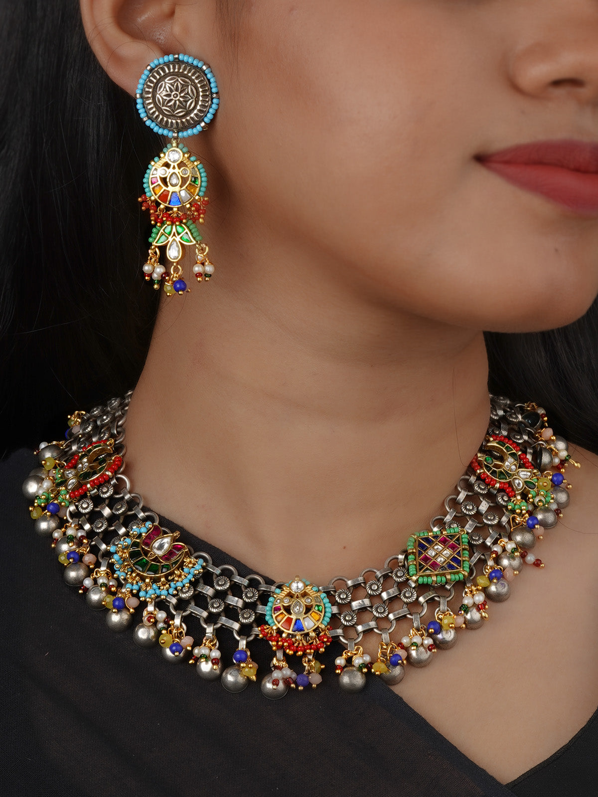 Navratna Tribal Necklace Set - EK-SFSET442N – Mortantra