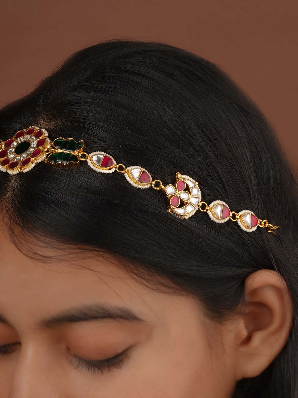 Multicolor Gold Plated Jadau Kundan Sheeshphool - MHA226M – Mortantra