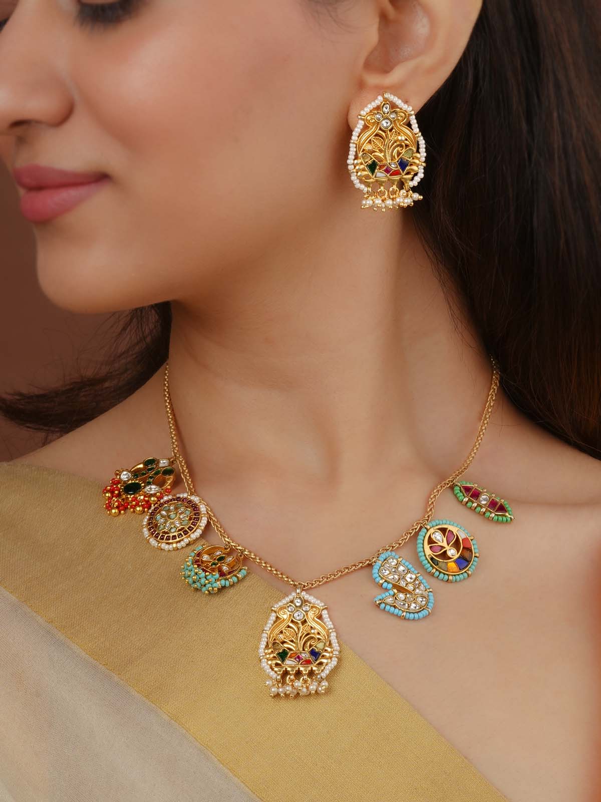 Navratna Gold Plated Mishr Necklace Set - MR-S962 – Mortantra