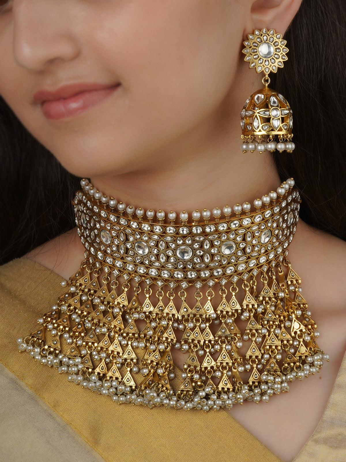 White Color Gold Plated Jadau Kundan Necklace Set - MS2812 – Mortantra