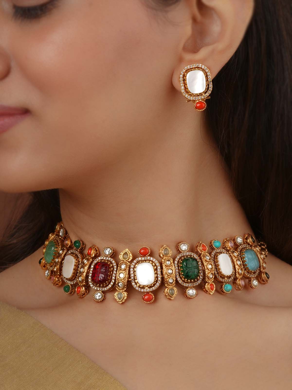 Navratna Gold Plated Navratna Necklace Set - NR-S10 – Mortantra
