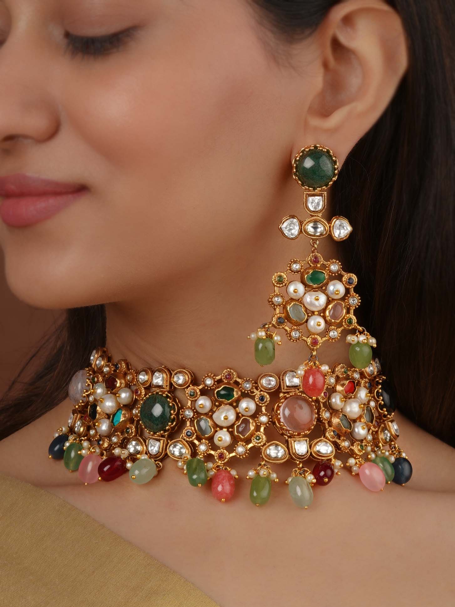 Navratna Gold Plated Navratna Necklace Set - NR-S7 – Mortantra