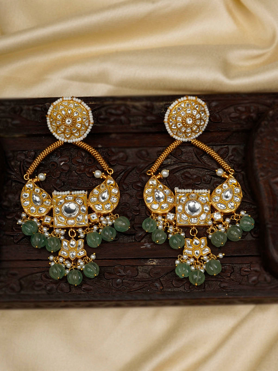 TJ-E94 - Green Color Gold Plated Thappa Jadau Kundan Earrings – Mortantra