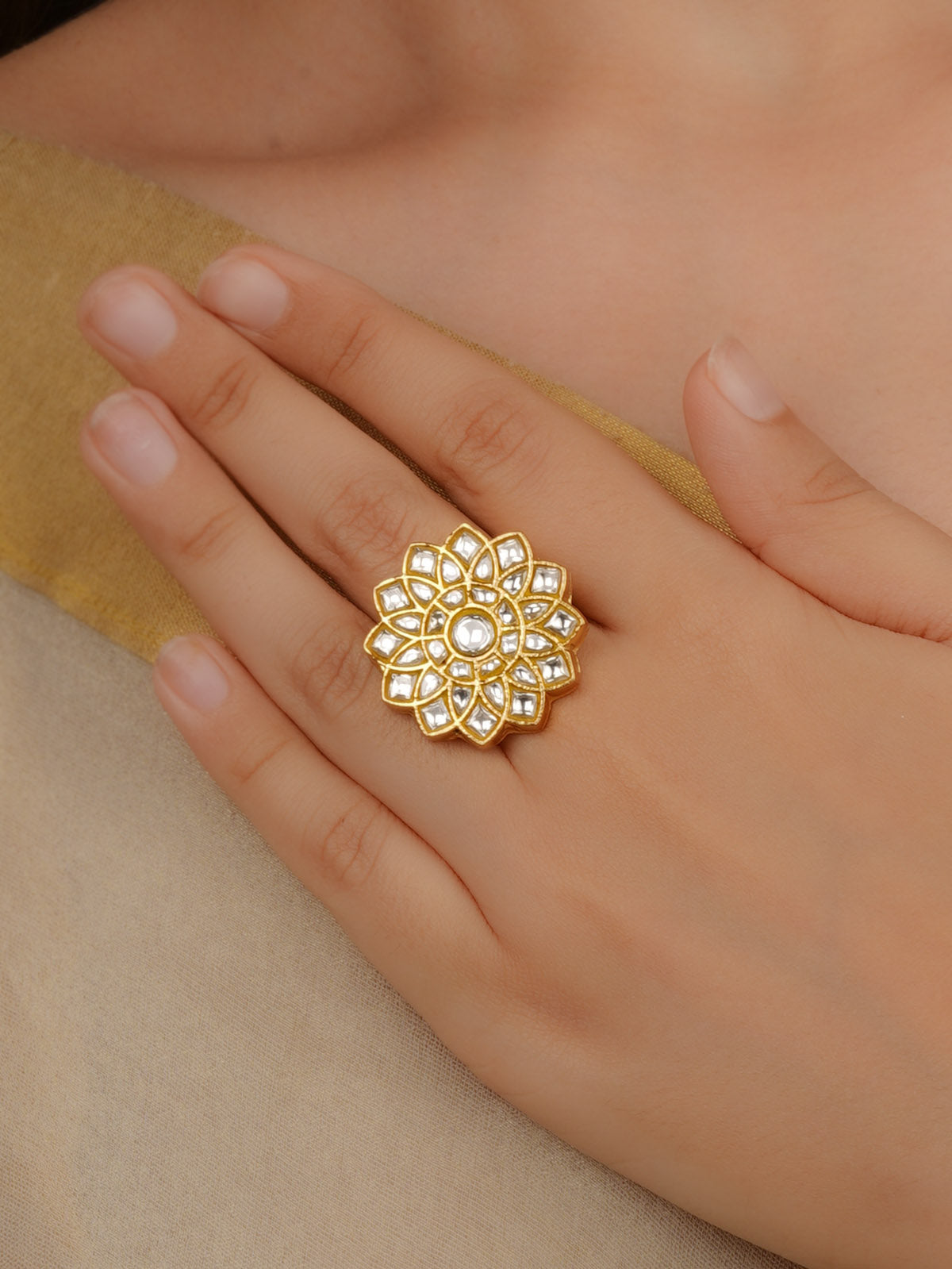 White Color Gold Plated Thappa Jadau Kundan Ring - TJ-R67 – Mortantra