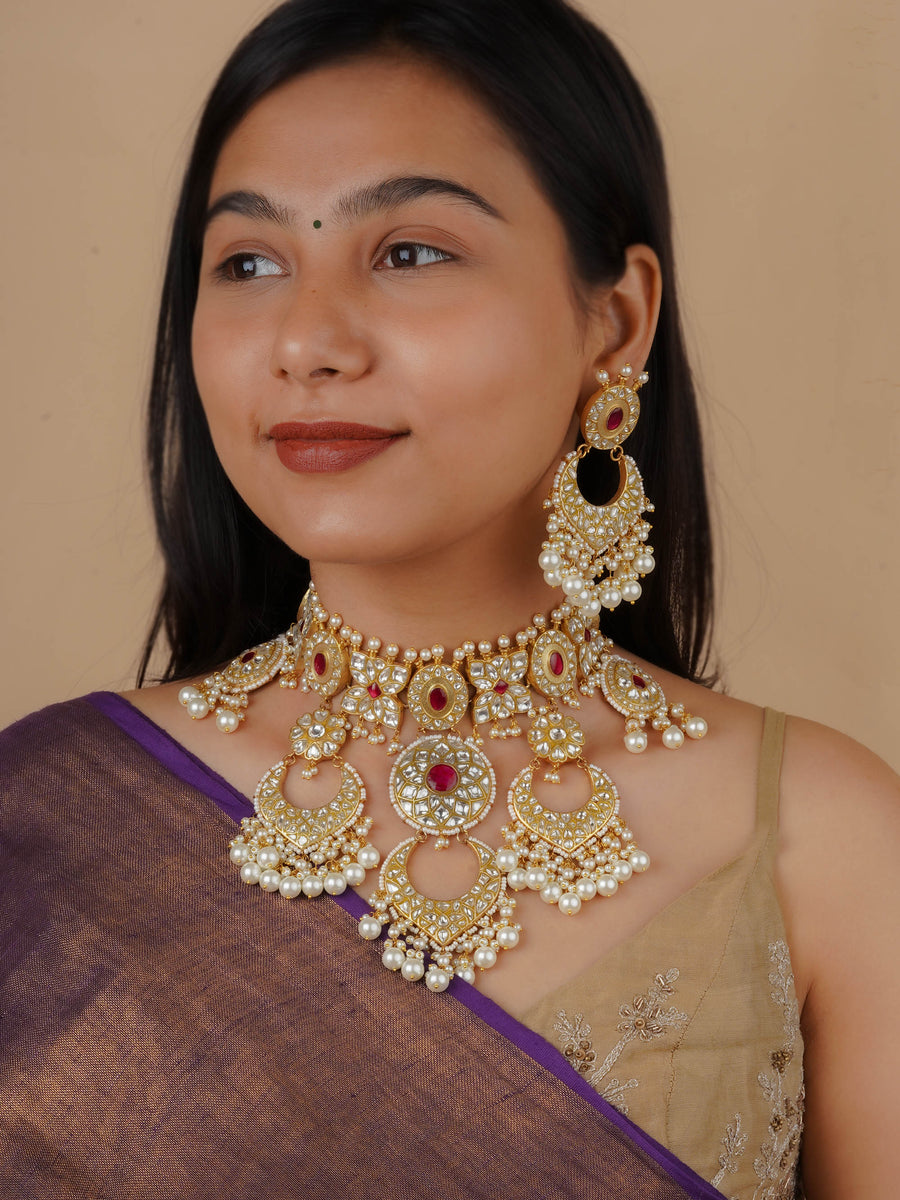 TJ-S116WP - Pink Color Gold Plated Thappa Jadau Kundan Bridal Necklace ...