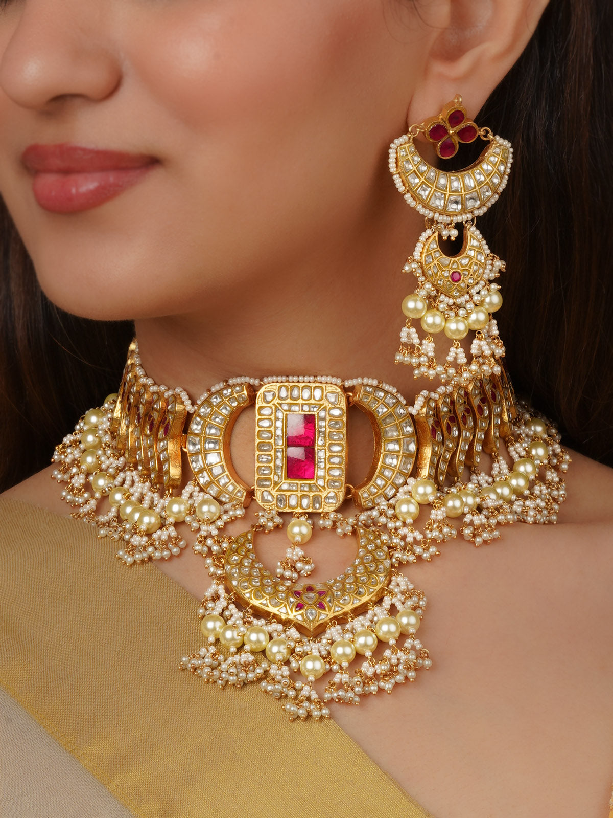 Pink Color Gold Plated Thappa Jadau Kundan Bridal Necklace Set - TJ-S7 ...