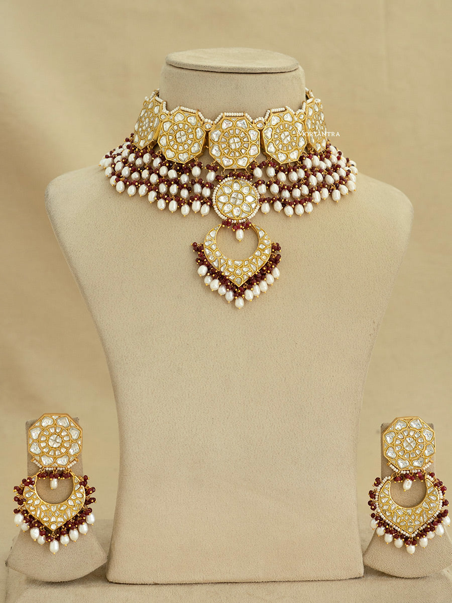 TJ-S87 - Maroon Color Gold Plated Thappa Jadau Kundan Bridal Necklace ...