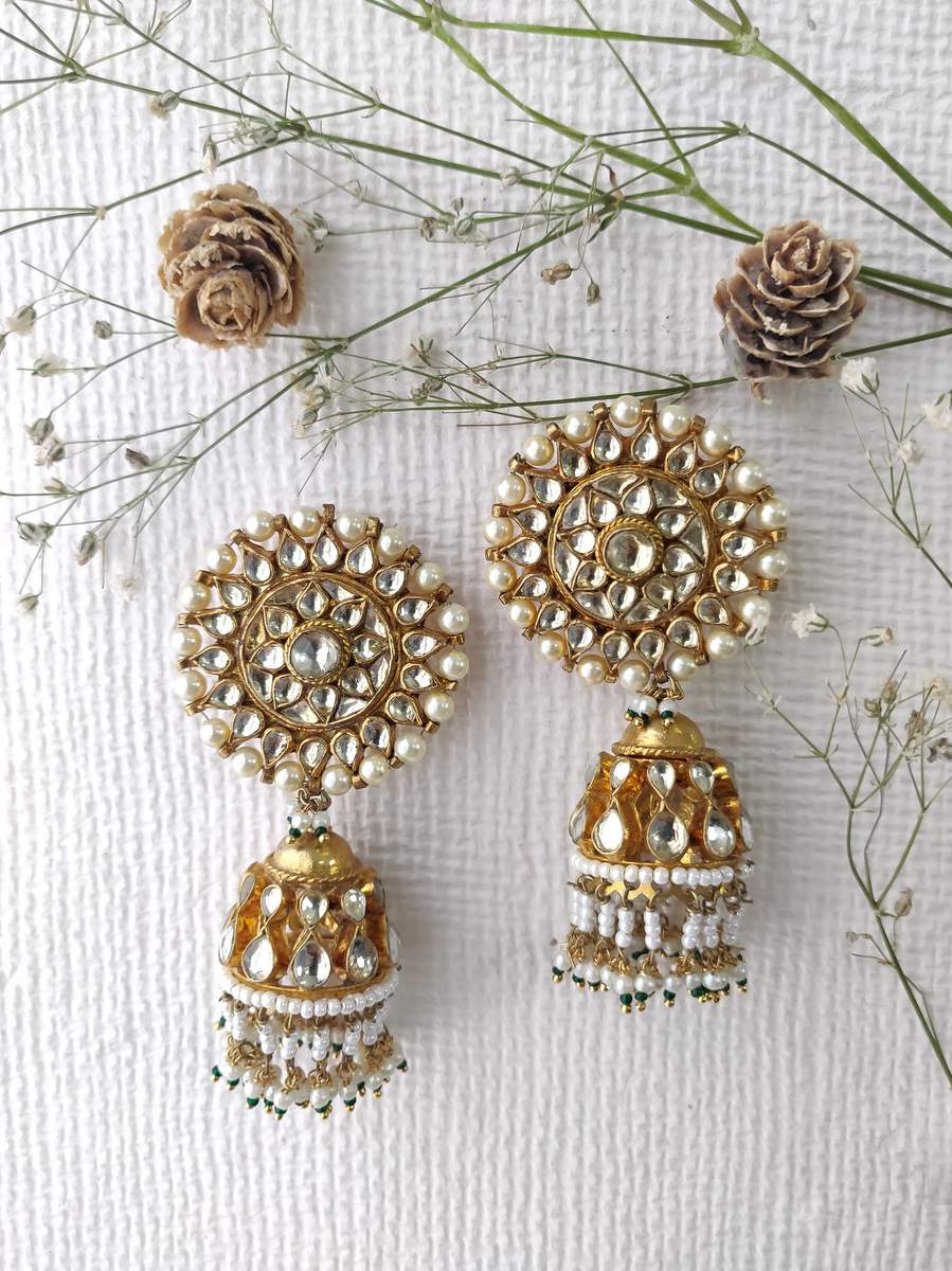 White Round Top Gold Plated Jadau Jhumkas – Mortantra