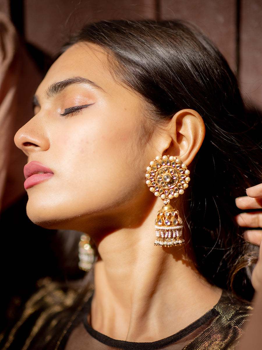 White Round Top Gold Plated Jadau Jhumkas – Mortantra